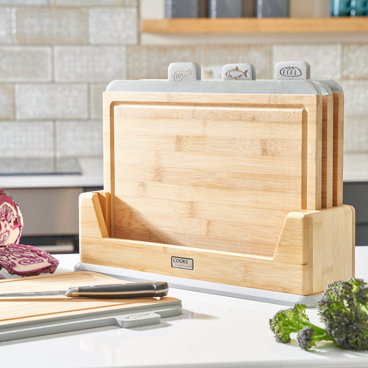 Cooks Professional 4 Piece Bamboo Index Chopping Board Set | Grey Tabs ...