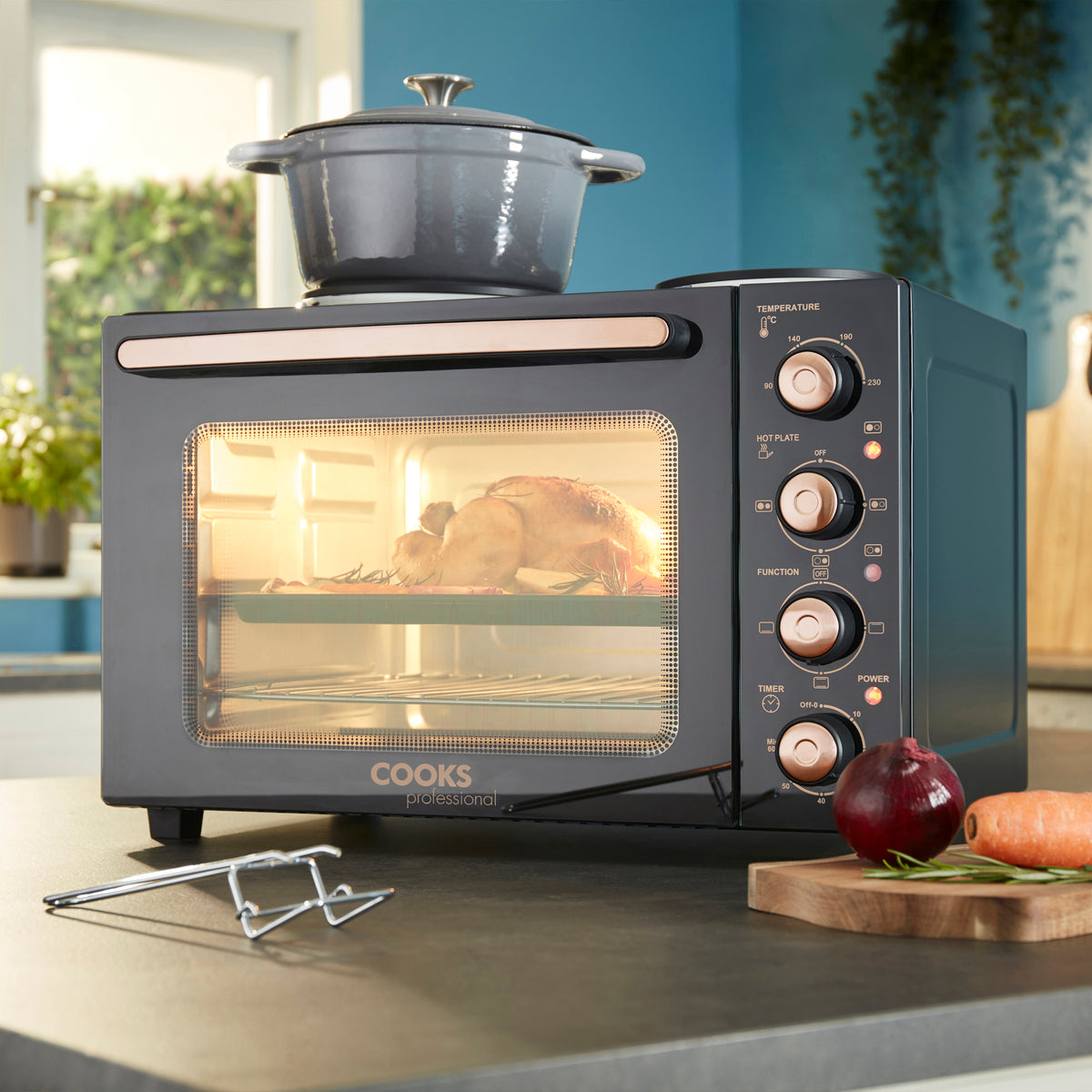 Cooks Professional 34L Mini Oven with 2 Hobs | Black / Copper ...
