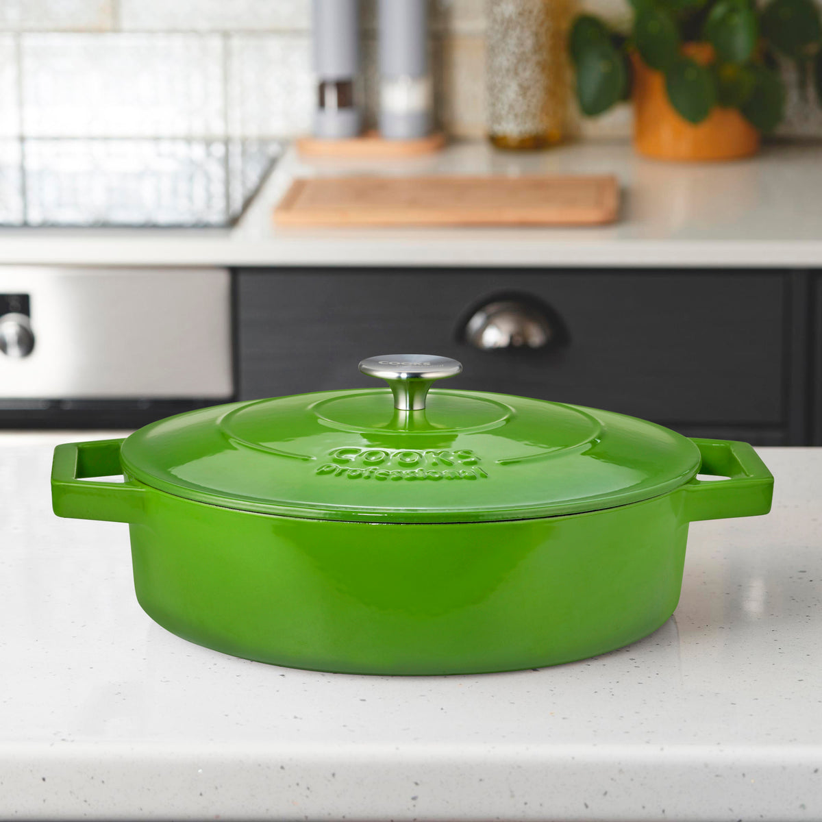Cooks Professional 28cm Shallow Cast Iron Casserole | Graduated Green ...