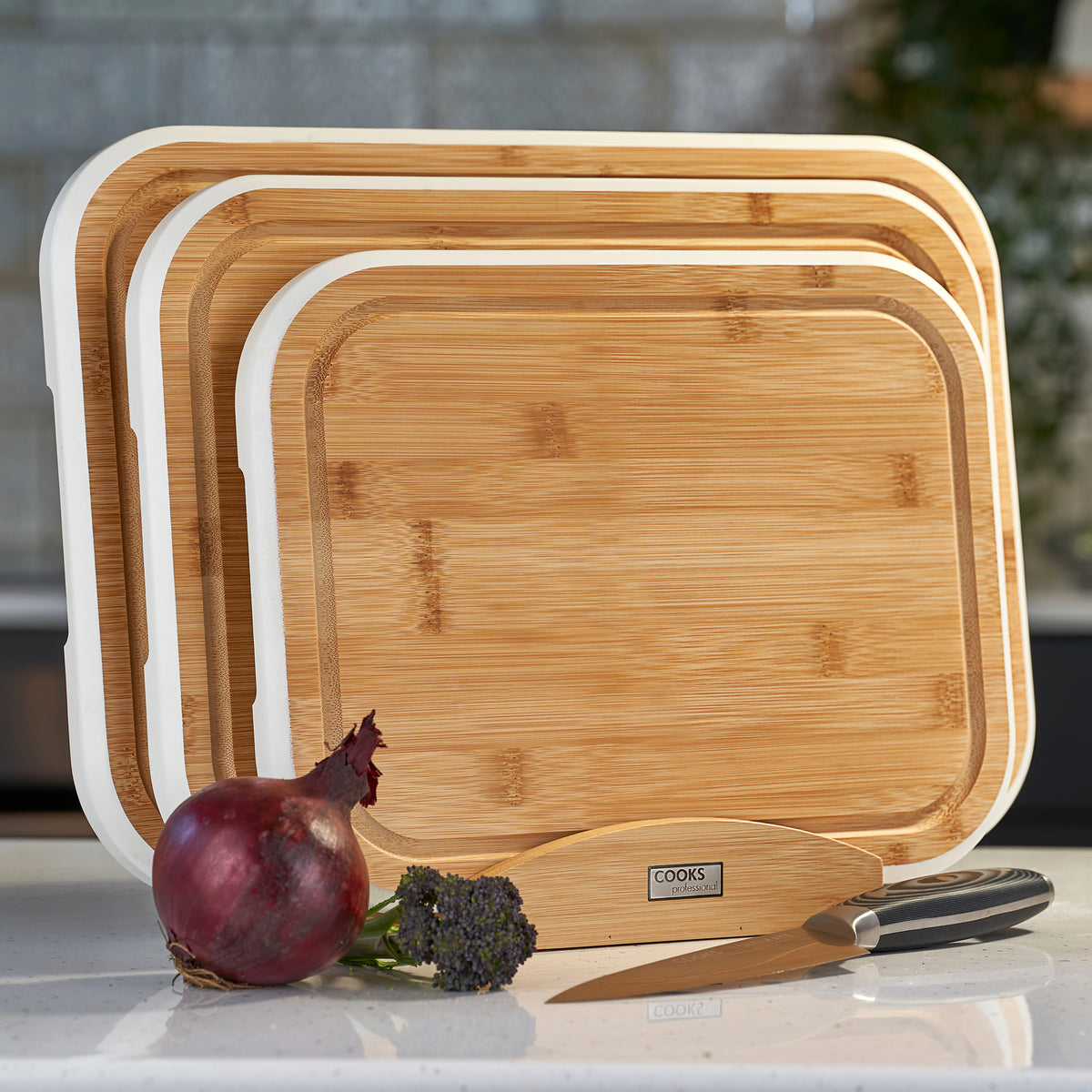 Cooks Professional 3 Piece Bamboo Chopping Board Set with Stand | Whit ...